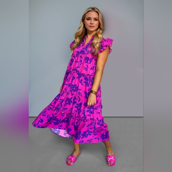 Just Jen | Dresses | Oh Full Size Ruffled Printed Notched Cap Sleeve ...